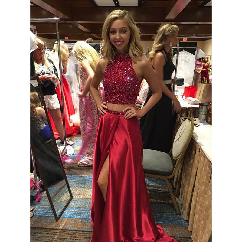 Two-Piece A-line High Neck Beading Sweep Train Satin Prom Dresses – Angrila