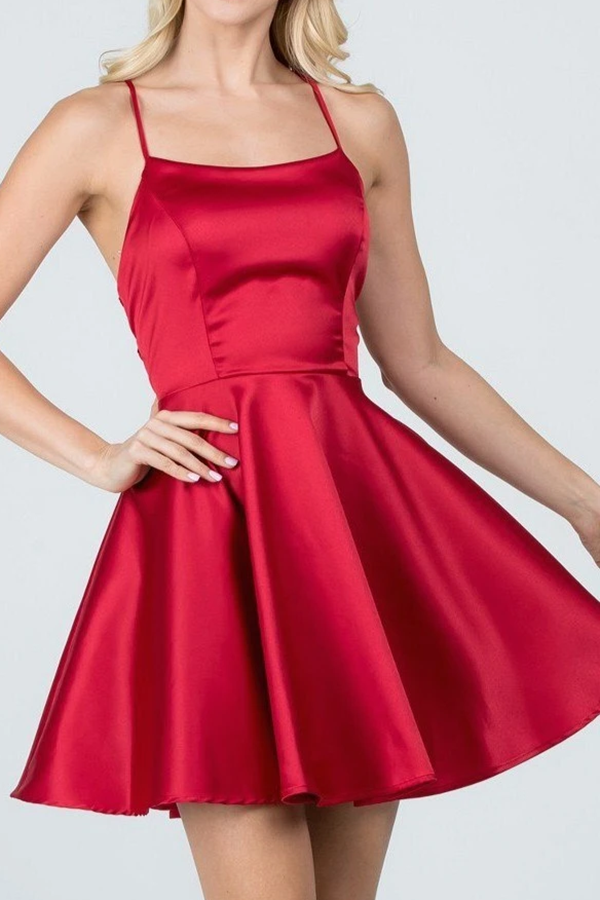 A-Line Spaghetti Straps Short Homecoming Dress with Criss Cross Back ...
