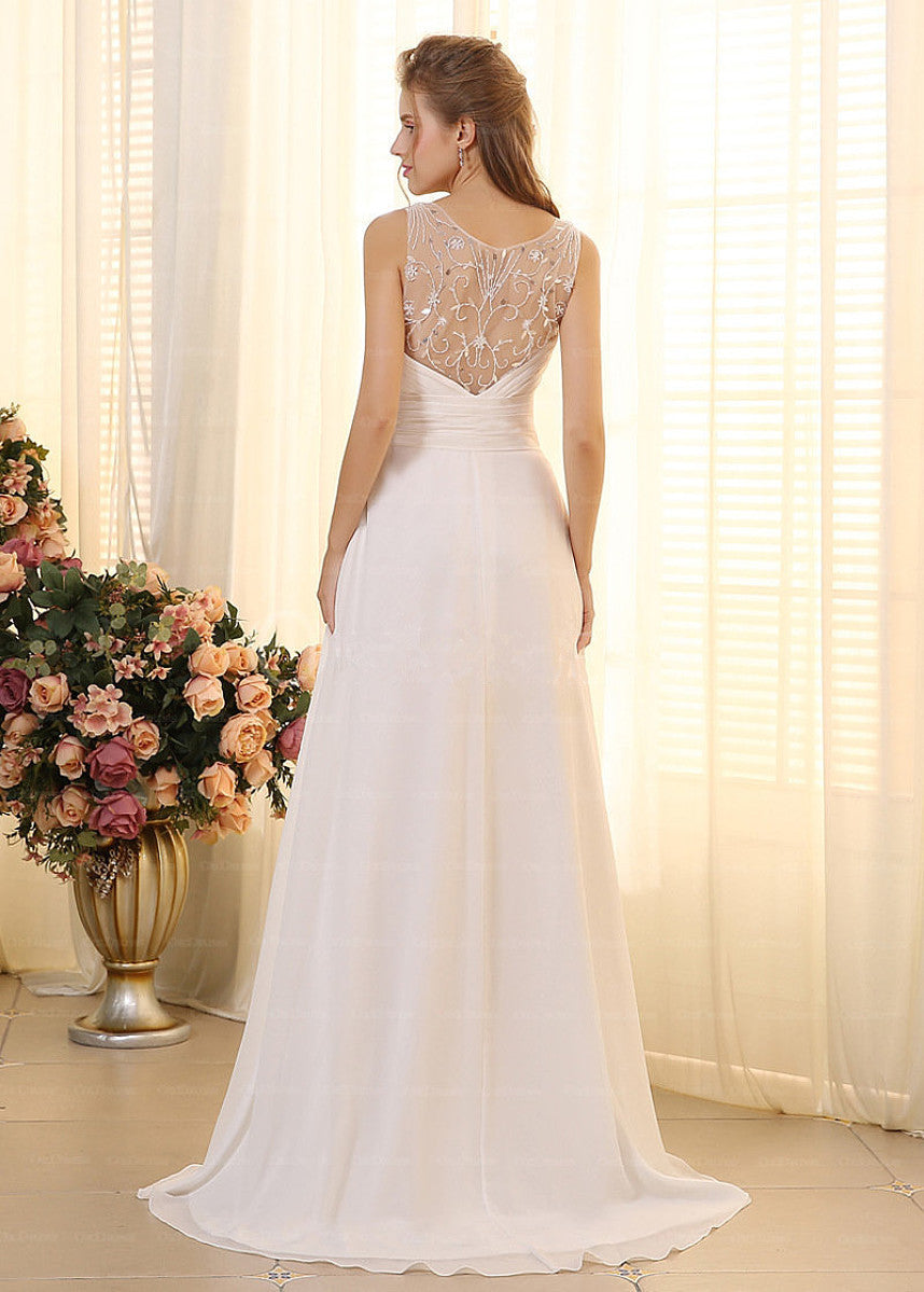 Junoesque A-line V Neck Sleeveless Chiffon Wedding Dress with Beading ...