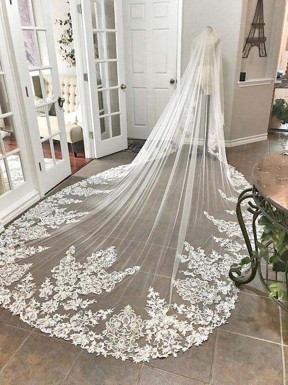 Long Bridal Wedding Veils with Lace Applique – Angrila